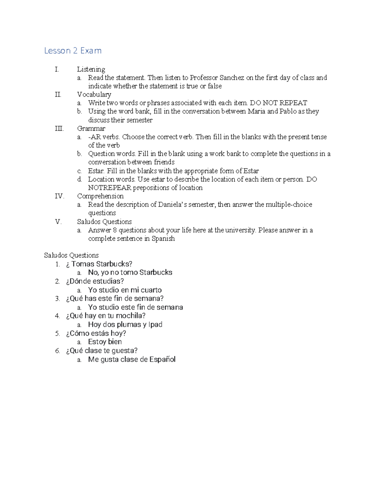 Spanish 101: Final Exam Review - Lesson 2 Overview - Studocu