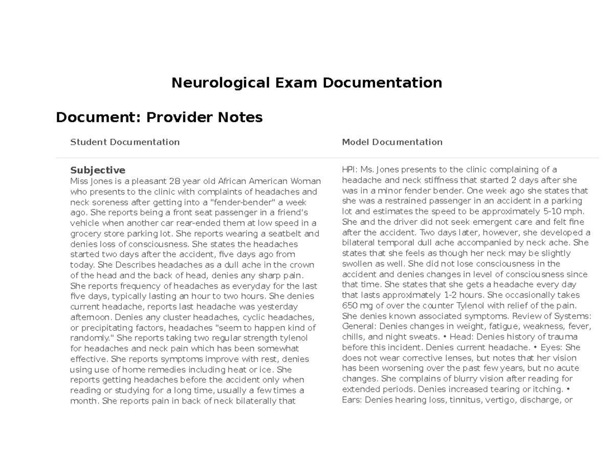 Shadow health Neurological Exam Documentation - Neurological Exam ...