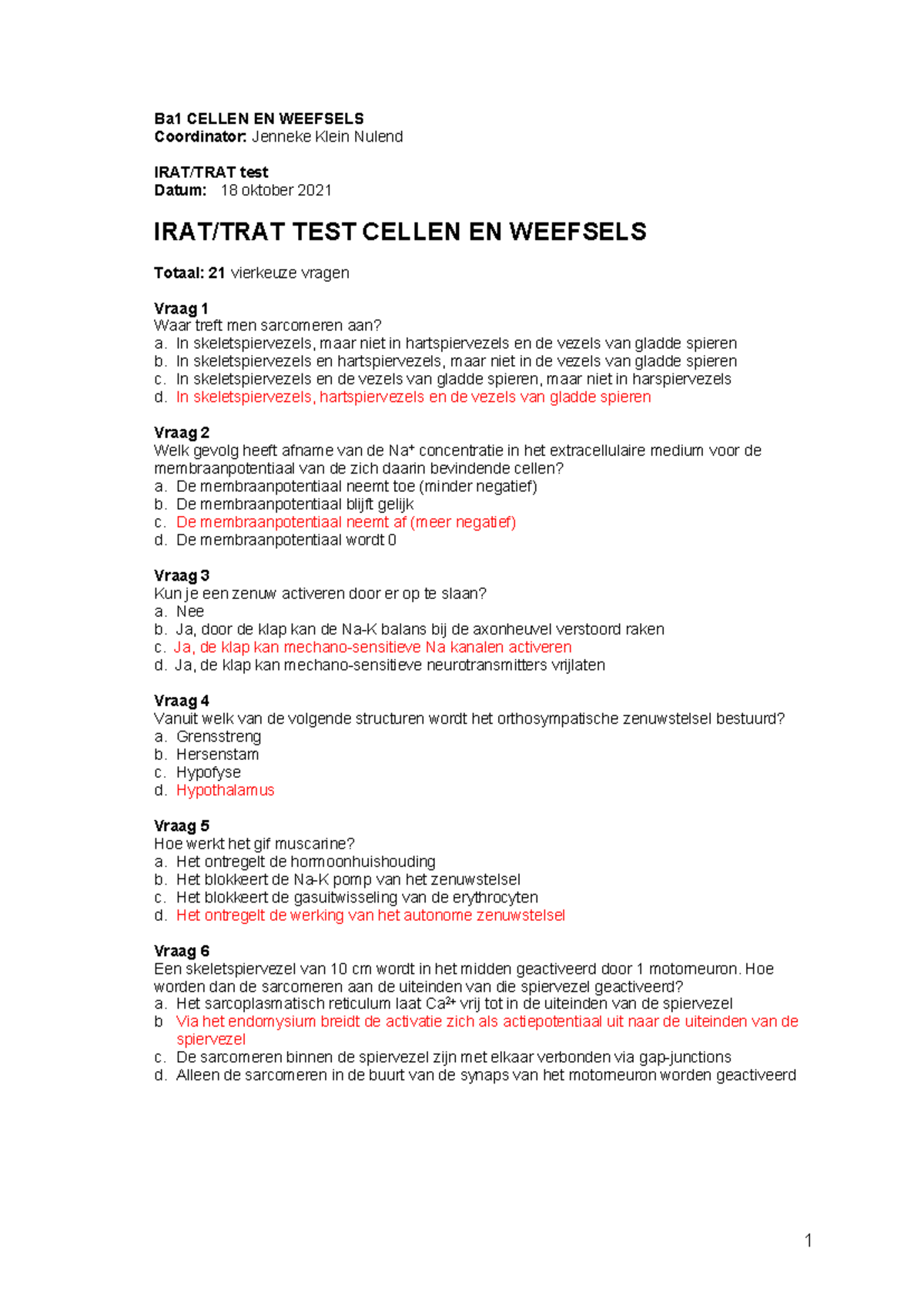 IRAT/TRAT Cellen en Weefsels 2021 - Multiple Choice Vragen - Studeersnel