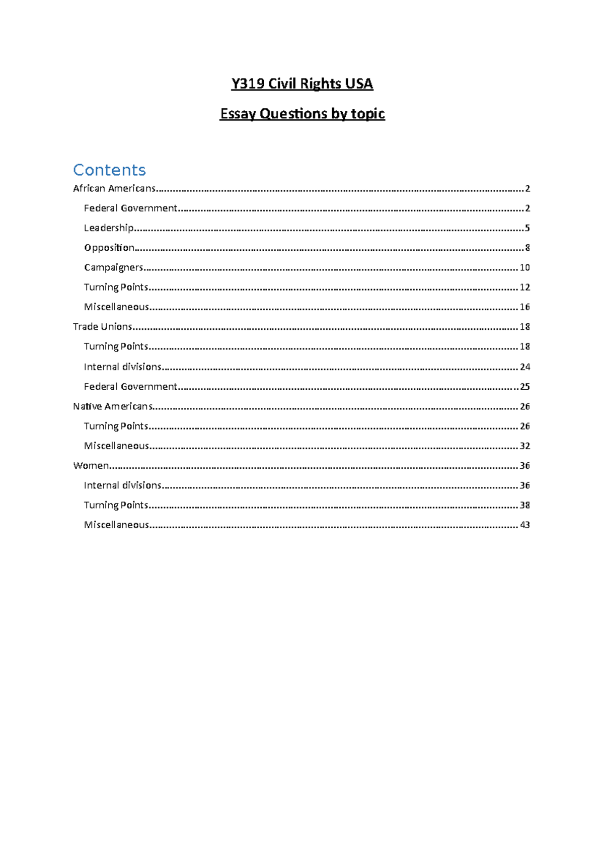 Y319 Civil Rights USA: Essay Questions on Key Topics and Leaders - Studocu
