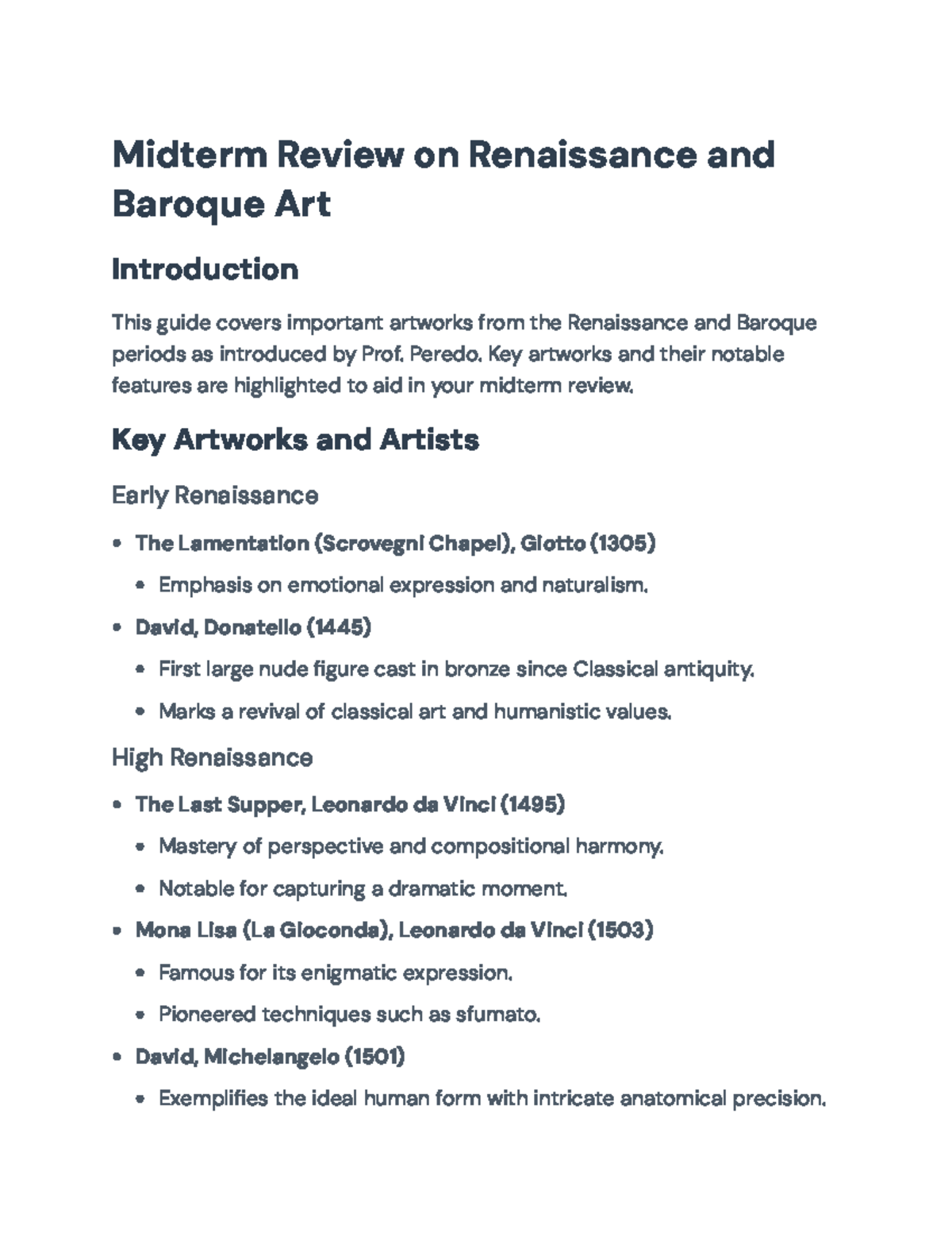 Midterm Review: Key Artworks in Renaissance & Baroque Art (ART101 ...
