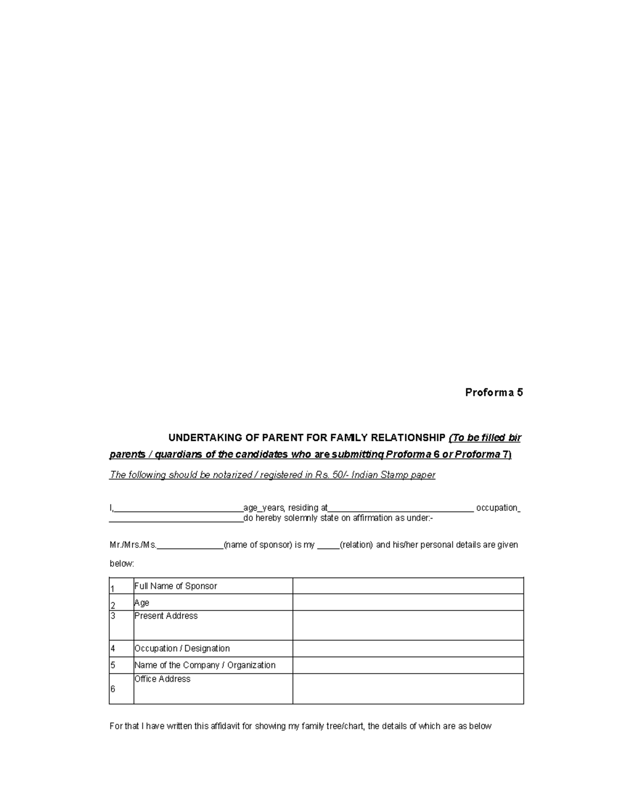 Proforma 5: Parent Undertaking for Family Relationship Details - Studocu