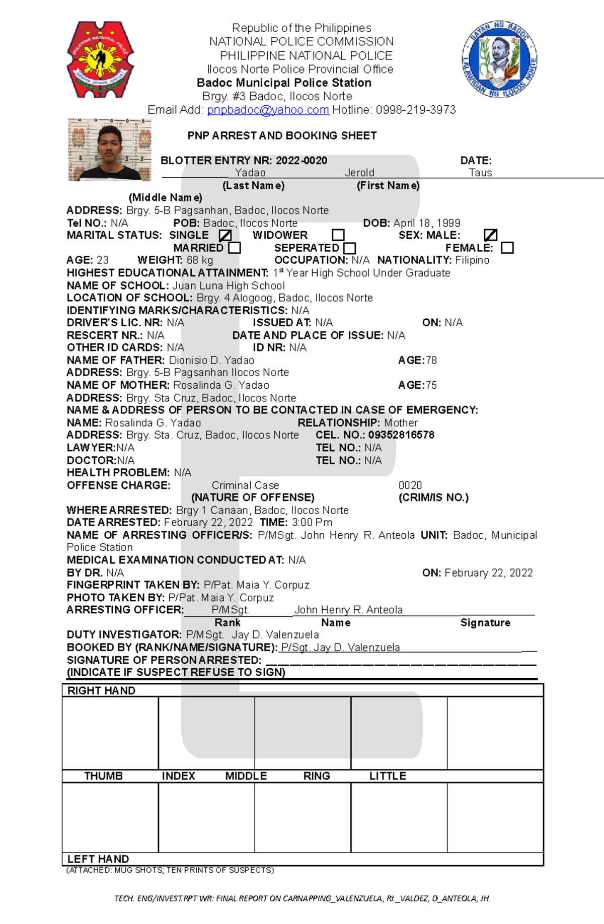 Arrest- Booking- Sheet - Republic of the Philippines NATIONAL POLICE ...