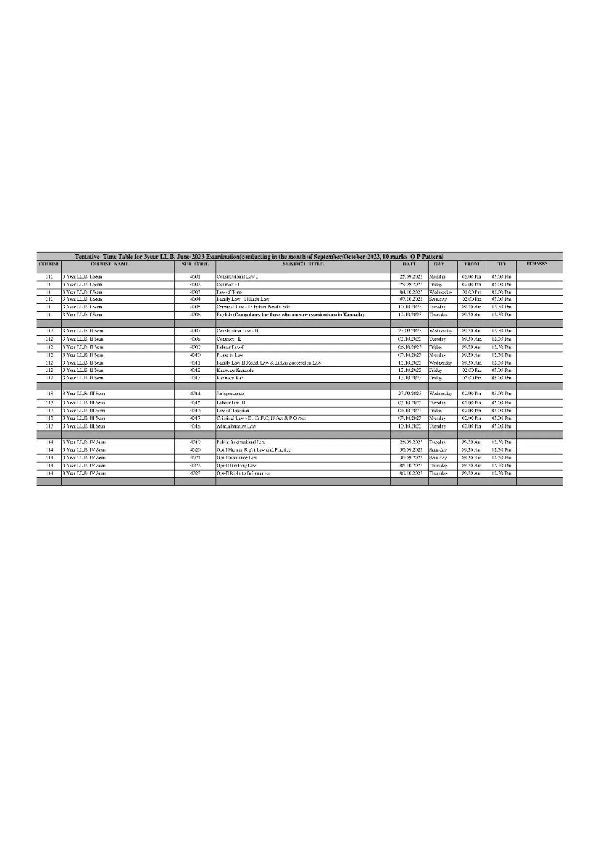 Final Exam Time Table for 3 Year LL 2025 - KSLU - Studocu