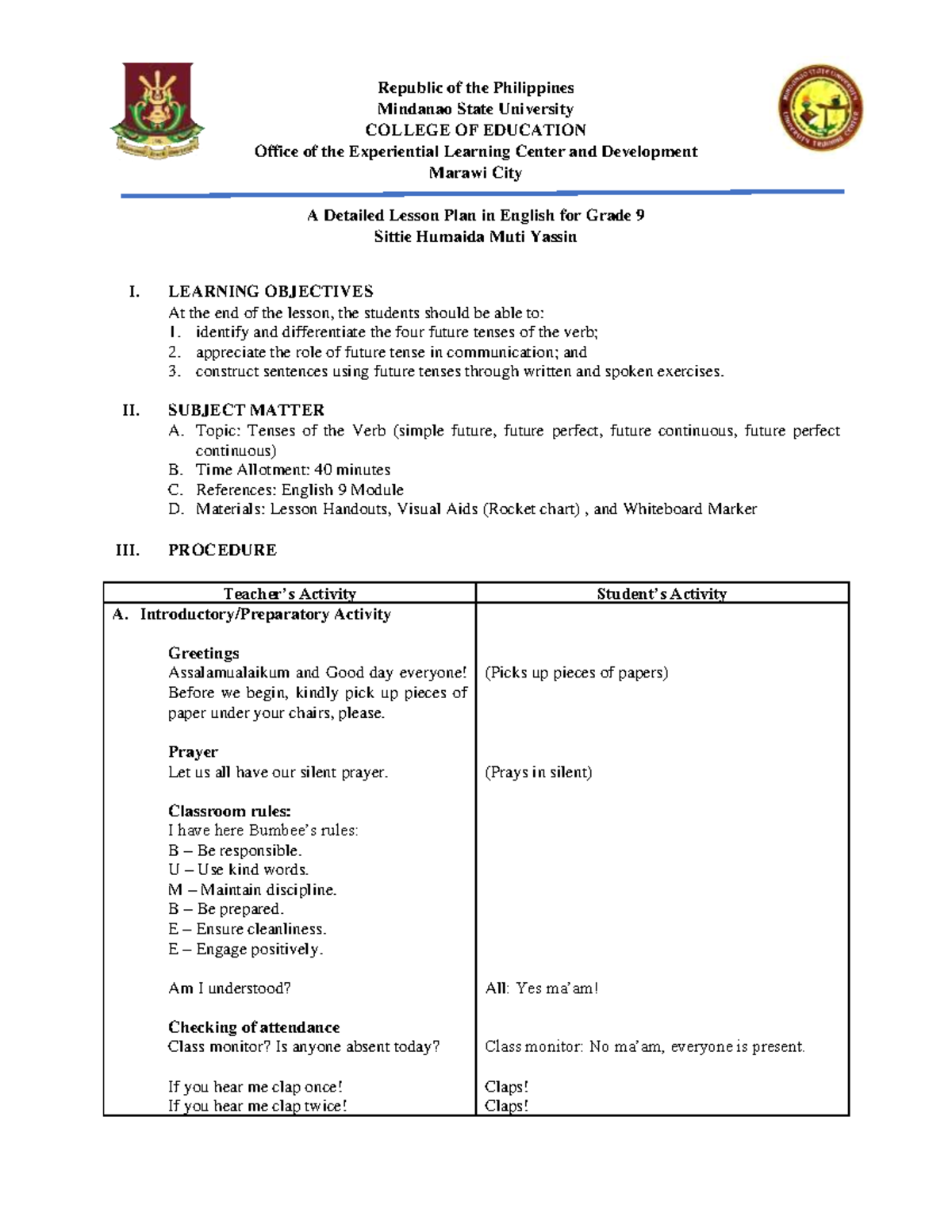 DLP Lesson Plan: Understanding Future Tenses for Grade 9 - Studocu