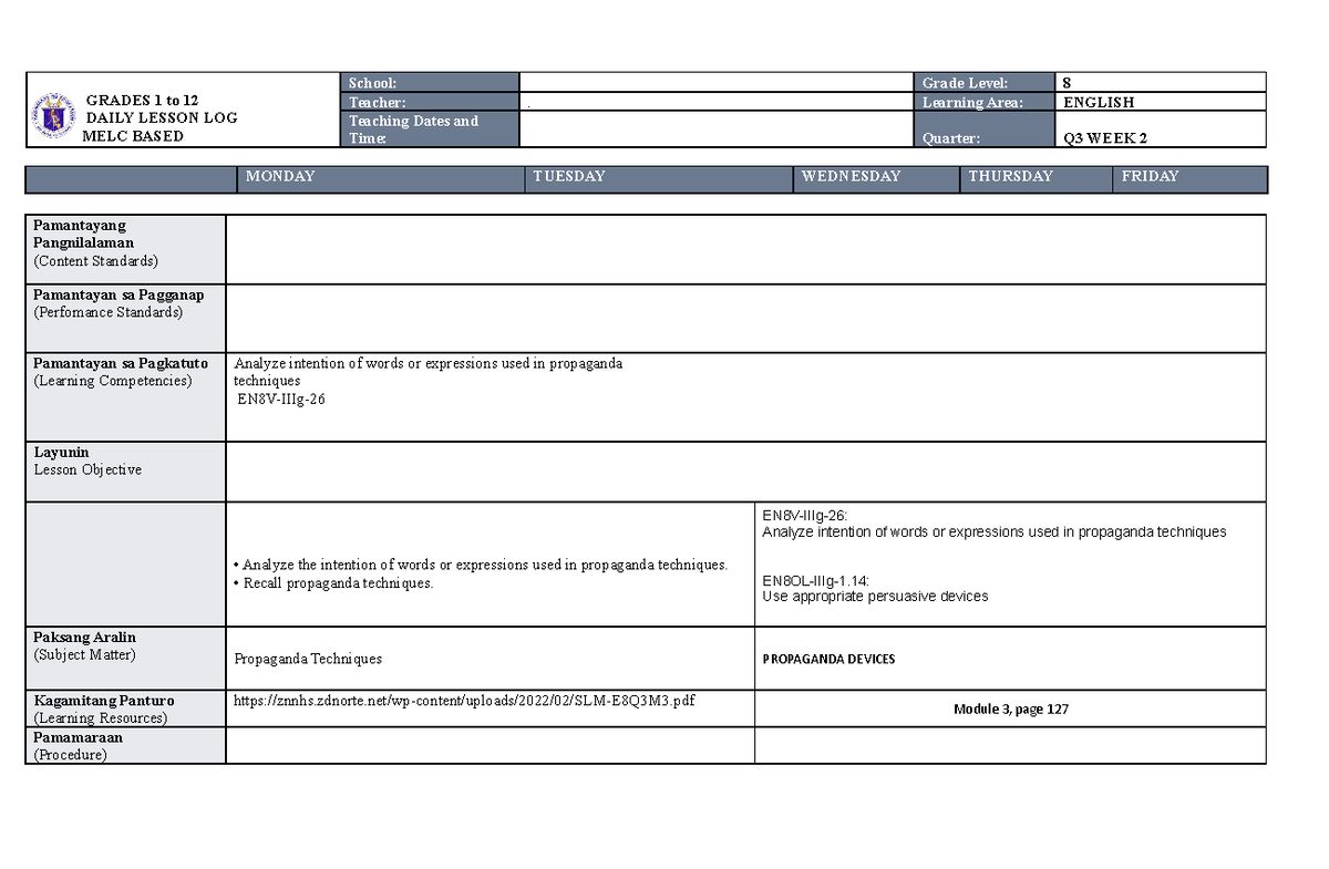 MELC DLL ENG 8 WEEK 2 Q3 done - GRADES 1 to 12 DAILY LESSON LOG MELC ...