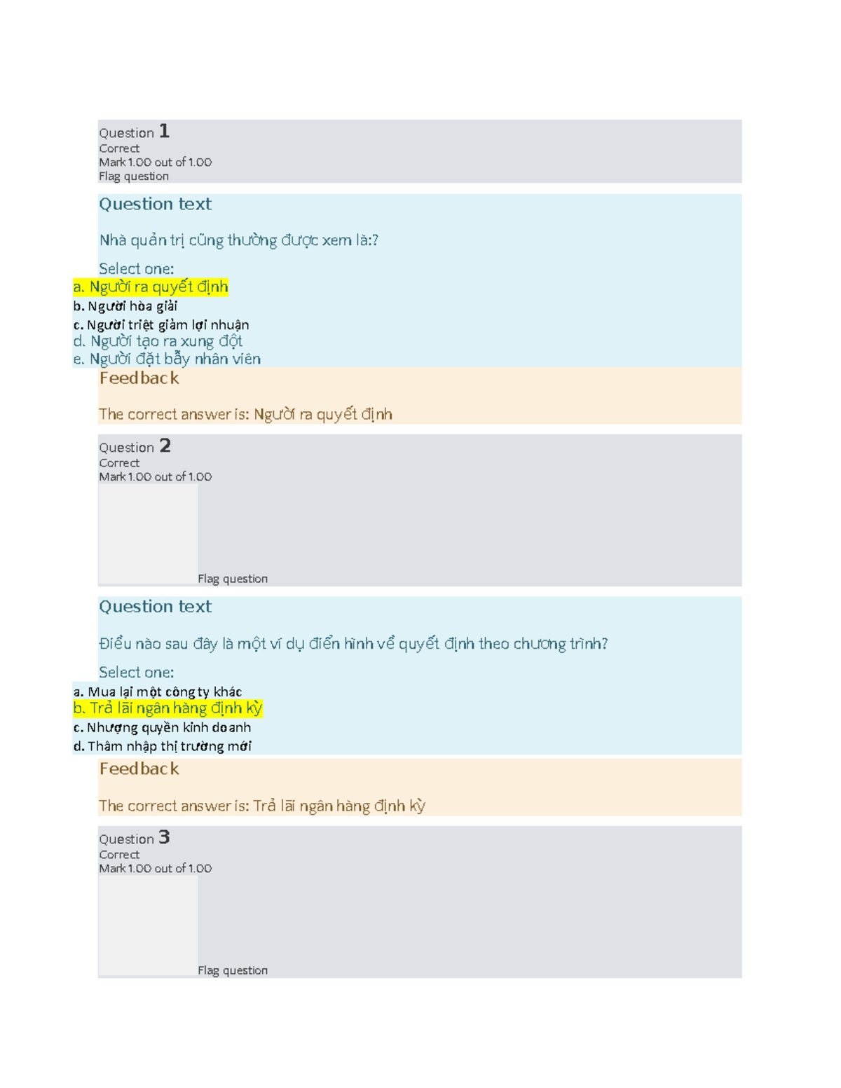 Chương 5 ra quyết định - trắc nghiệm quản trị - Question 1 Correct Mark ...