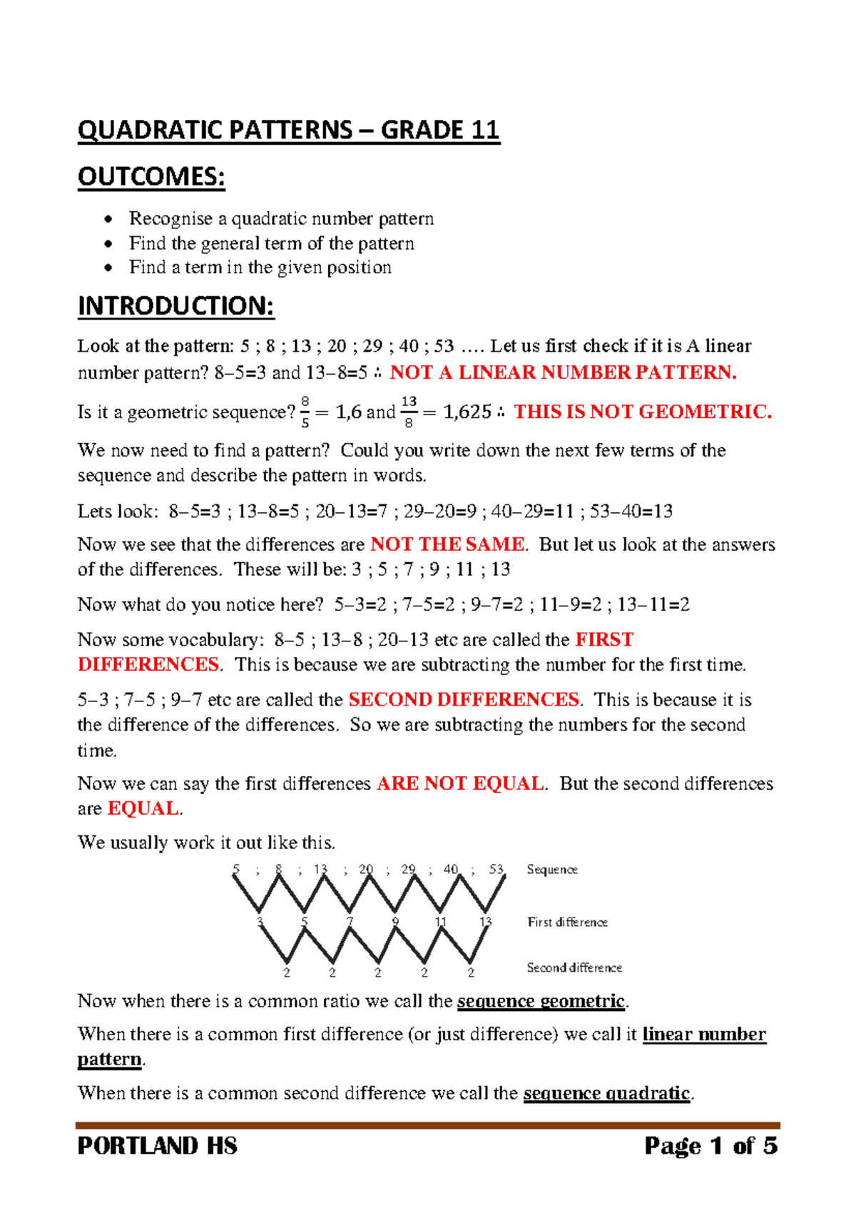 Quadratic Patterns Analysis for Grade 11 - 2024 Exam Prep - Studocu