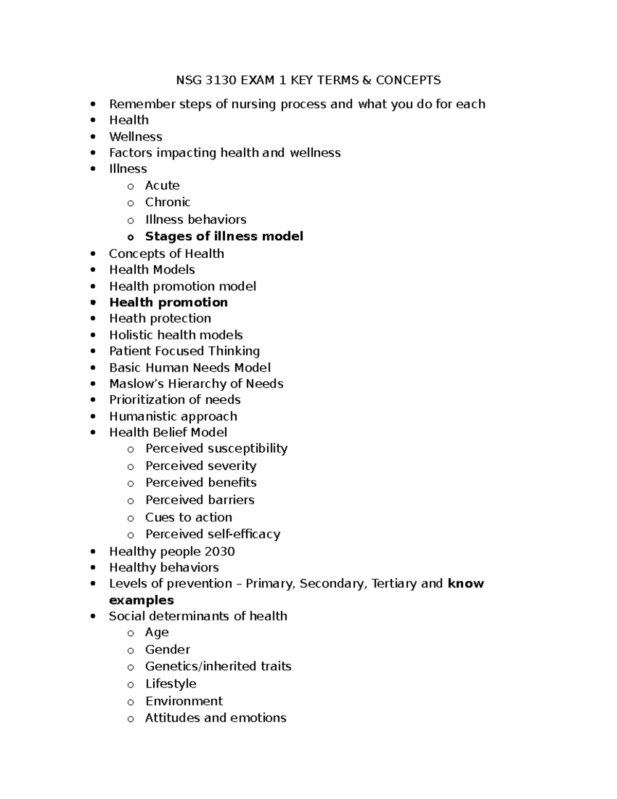 NSG 3130 Exam 1 Key Terms & Concepts for Nursing Process - Studocu