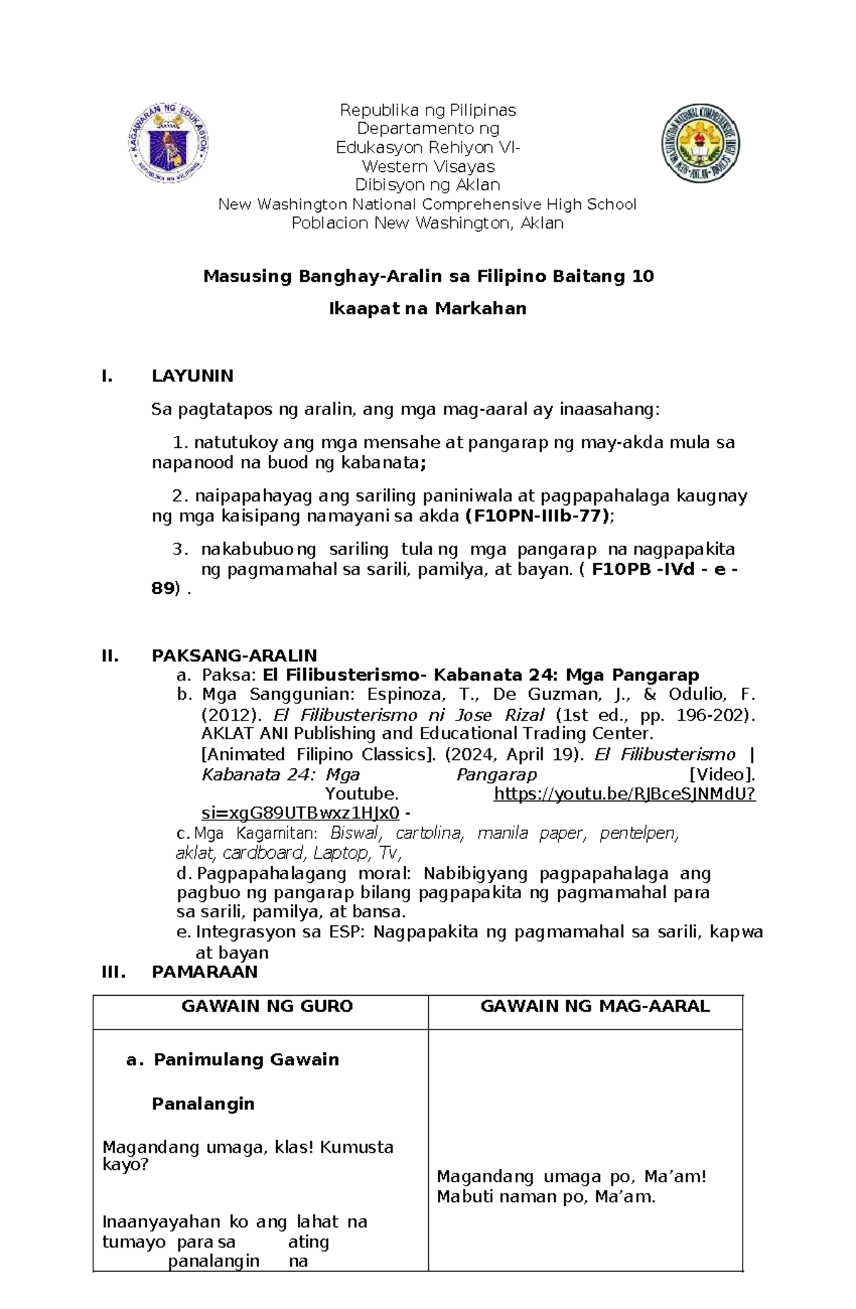 Final Exam Lesson Plan: Mga Pangarap sa El Filibusterismo (F10) - Studocu