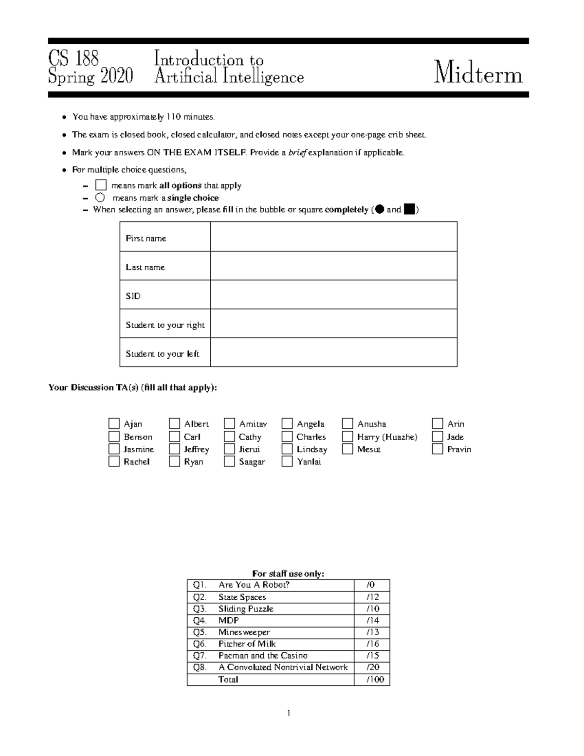 CS188 Spring 2020 Midterm Exam Guide on Artificial Intelligence - Studocu
