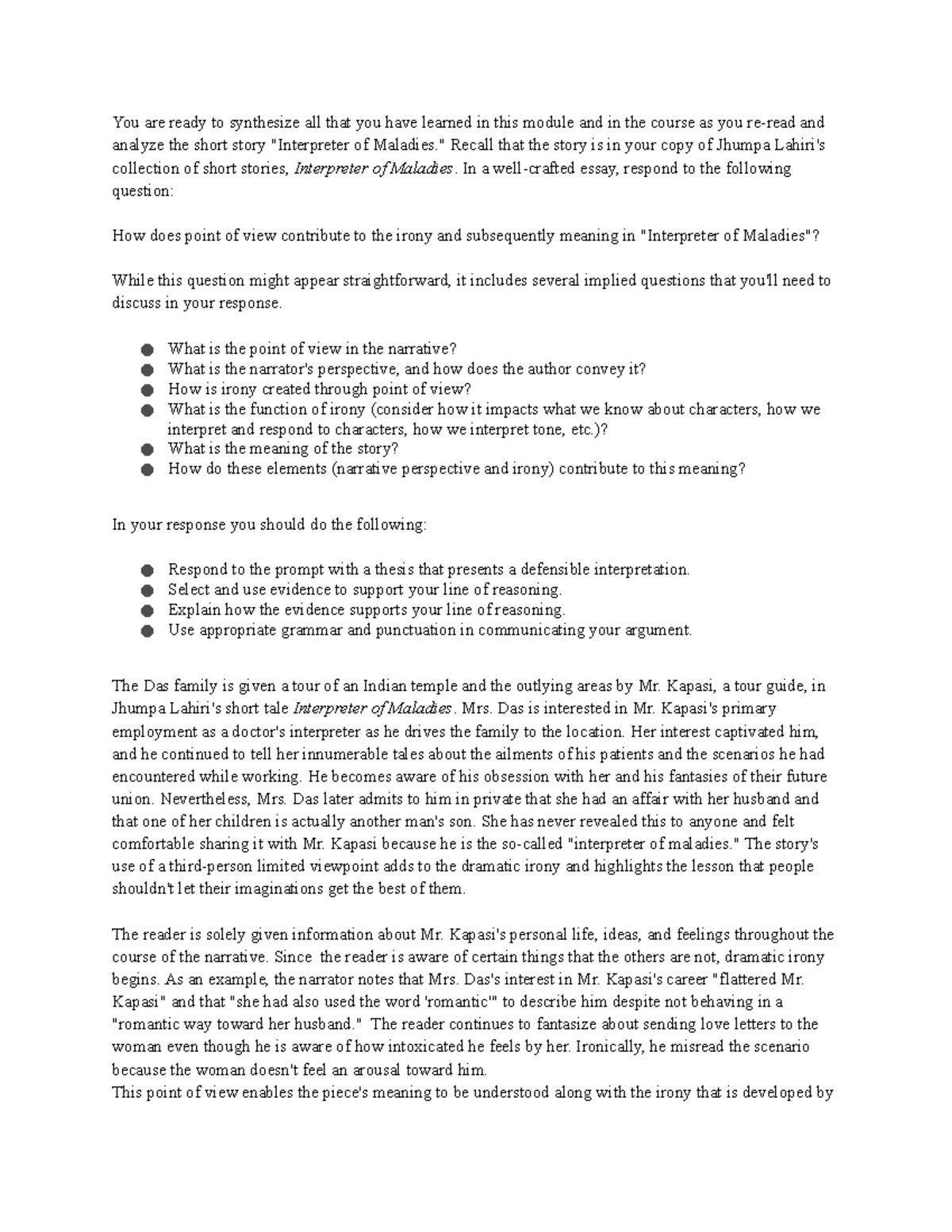 08.07 Essay Notes: Analyzing Irony in "Interpreter of Maladies" - Studocu