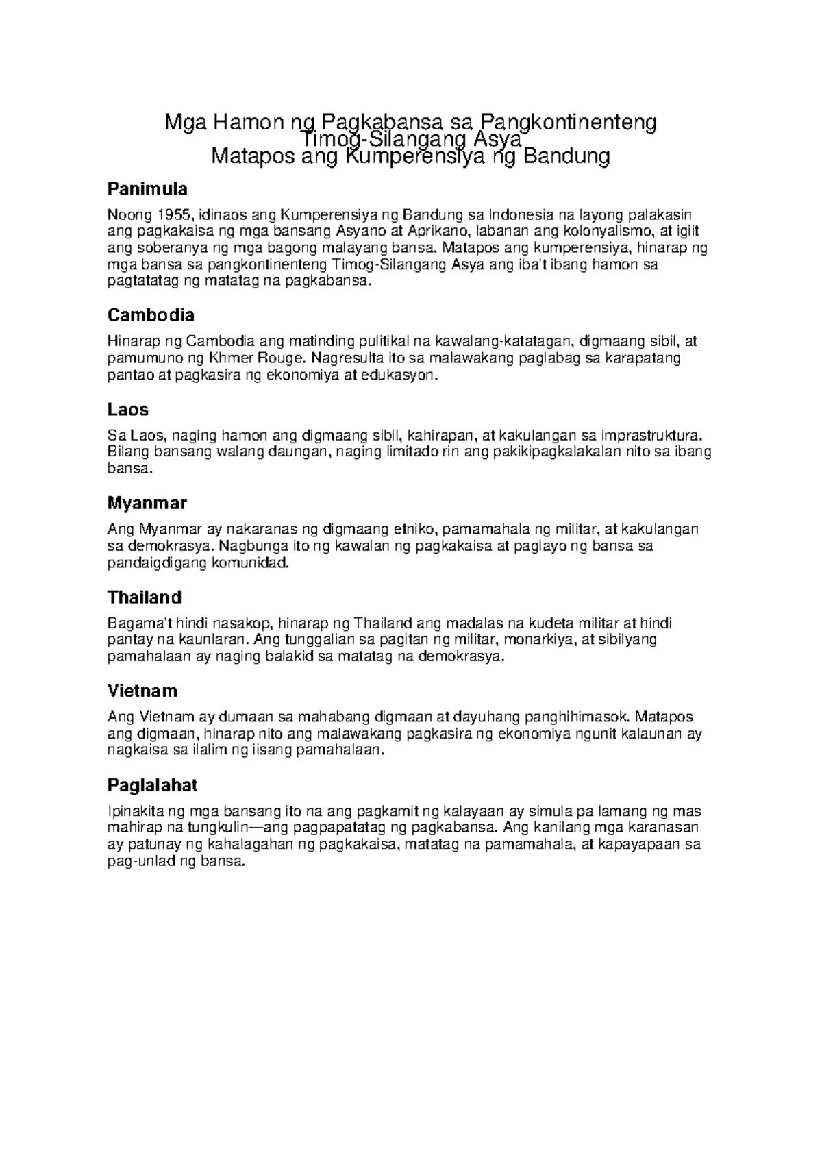 AP Lecture: Mga Hamon ng Pagkabansa sa Timog Silangang Asya - Studocu