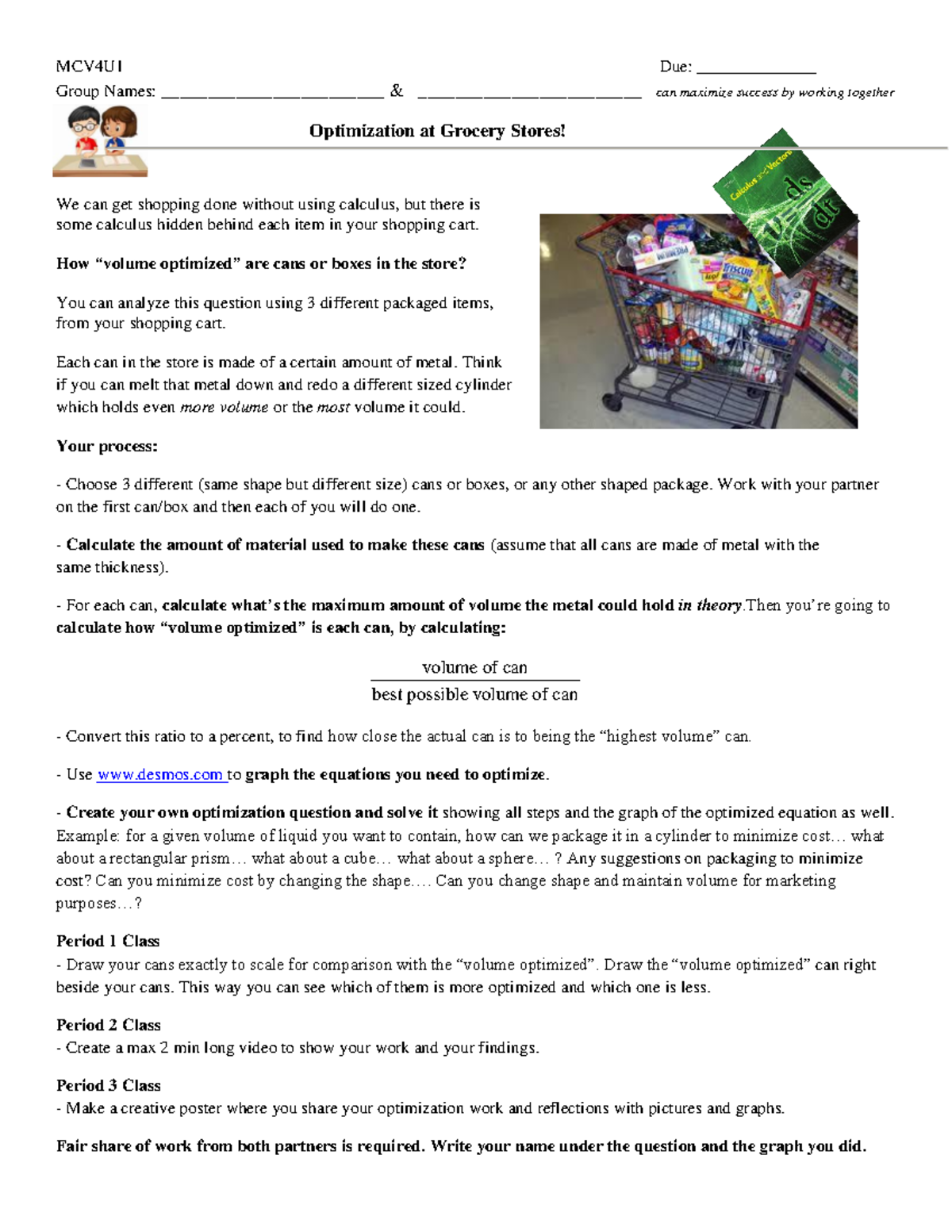 NT Optimization Assignment - MCV4U1 Due: ______________ Group Names