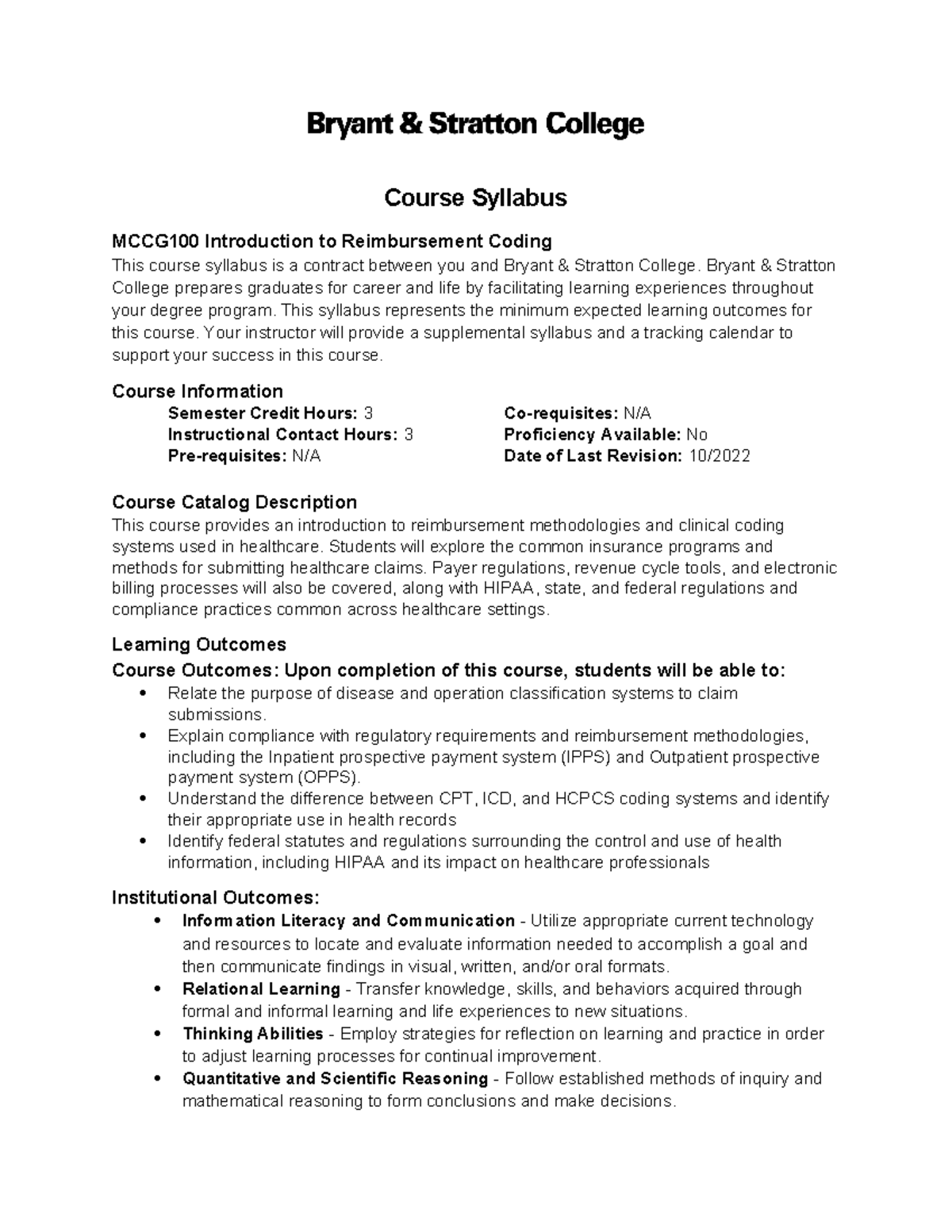 MCCG100 Introduction to Reimbursement Coding Syllabus - Course Syllabus ...