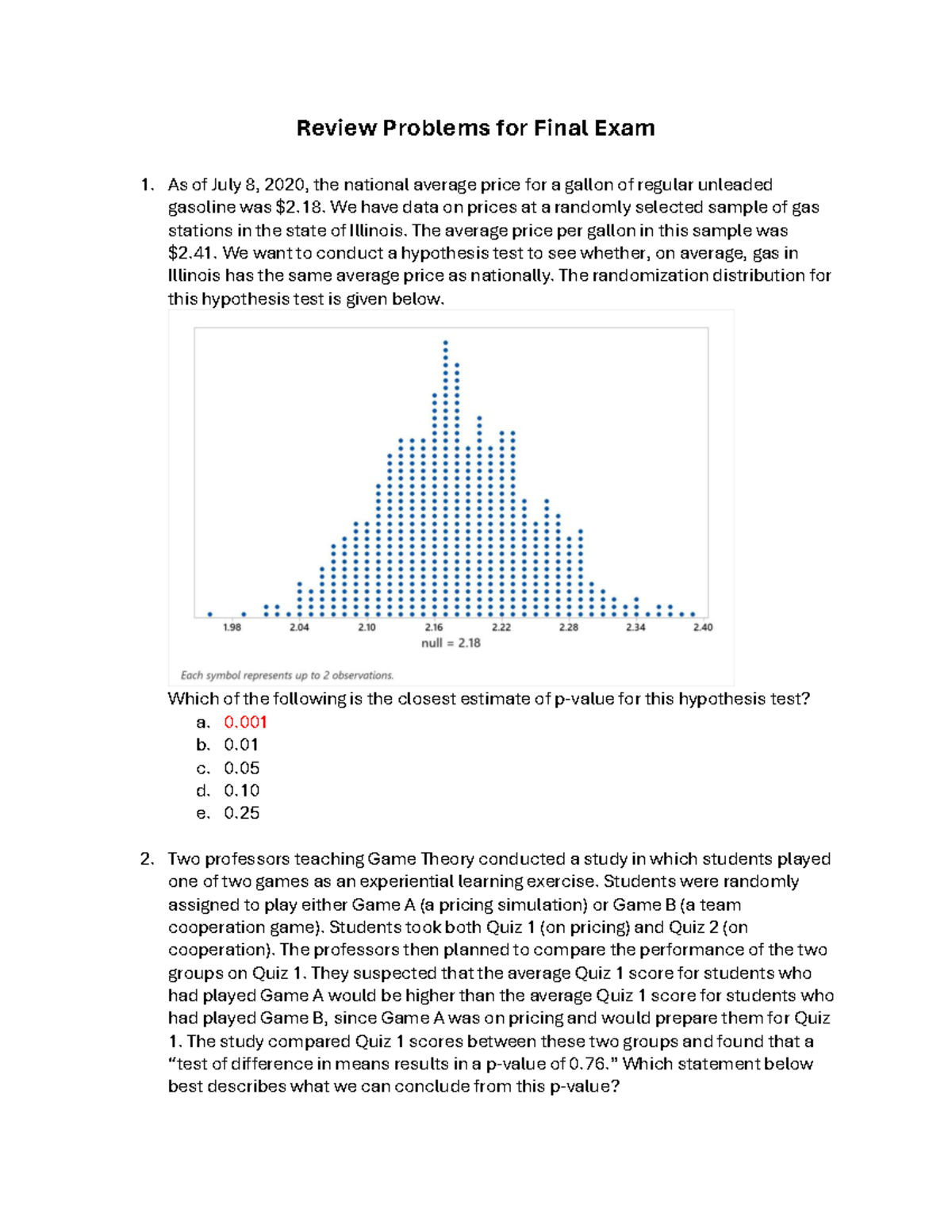 Final Exam Review Solutions for Course Code: STAT101 - Studocu