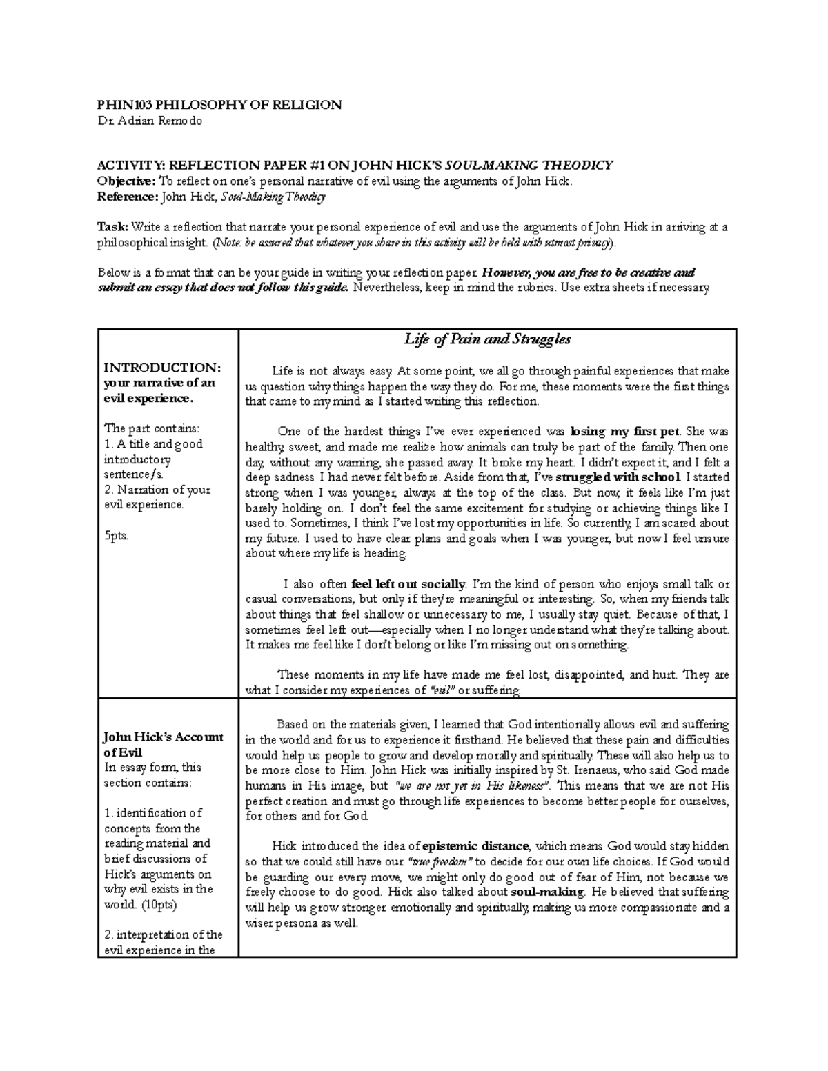 Almendral Reflection Paper #1 ON JOHN HICK’S SOUL- Making Theodicy ...