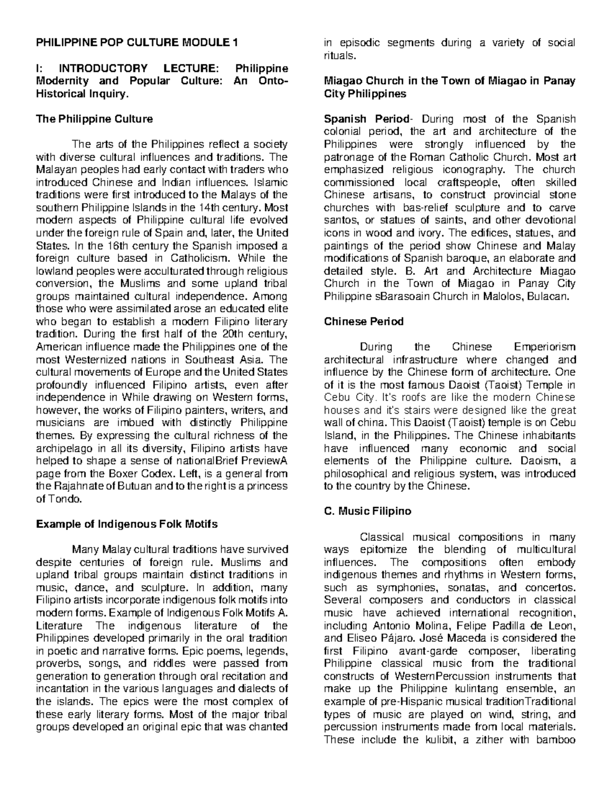 Philippine Pop Culture Overview: Modules 1 & 2 Insights - Studocu