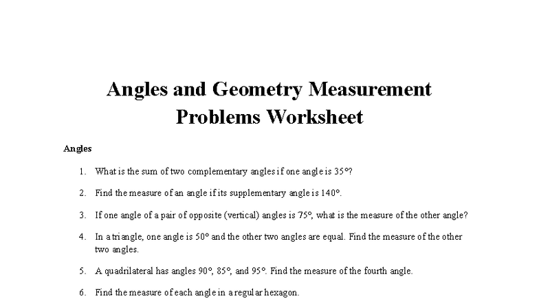 Angles and Geometry Measurement Problems Worksheet - Math 101 - Studocu