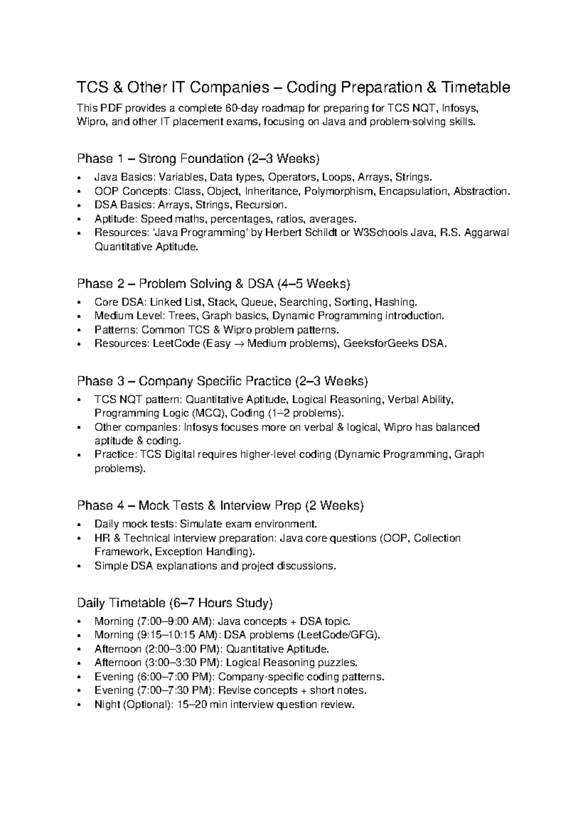 TCS NQT & IT Companies Coding Prep Timetable - Studocu