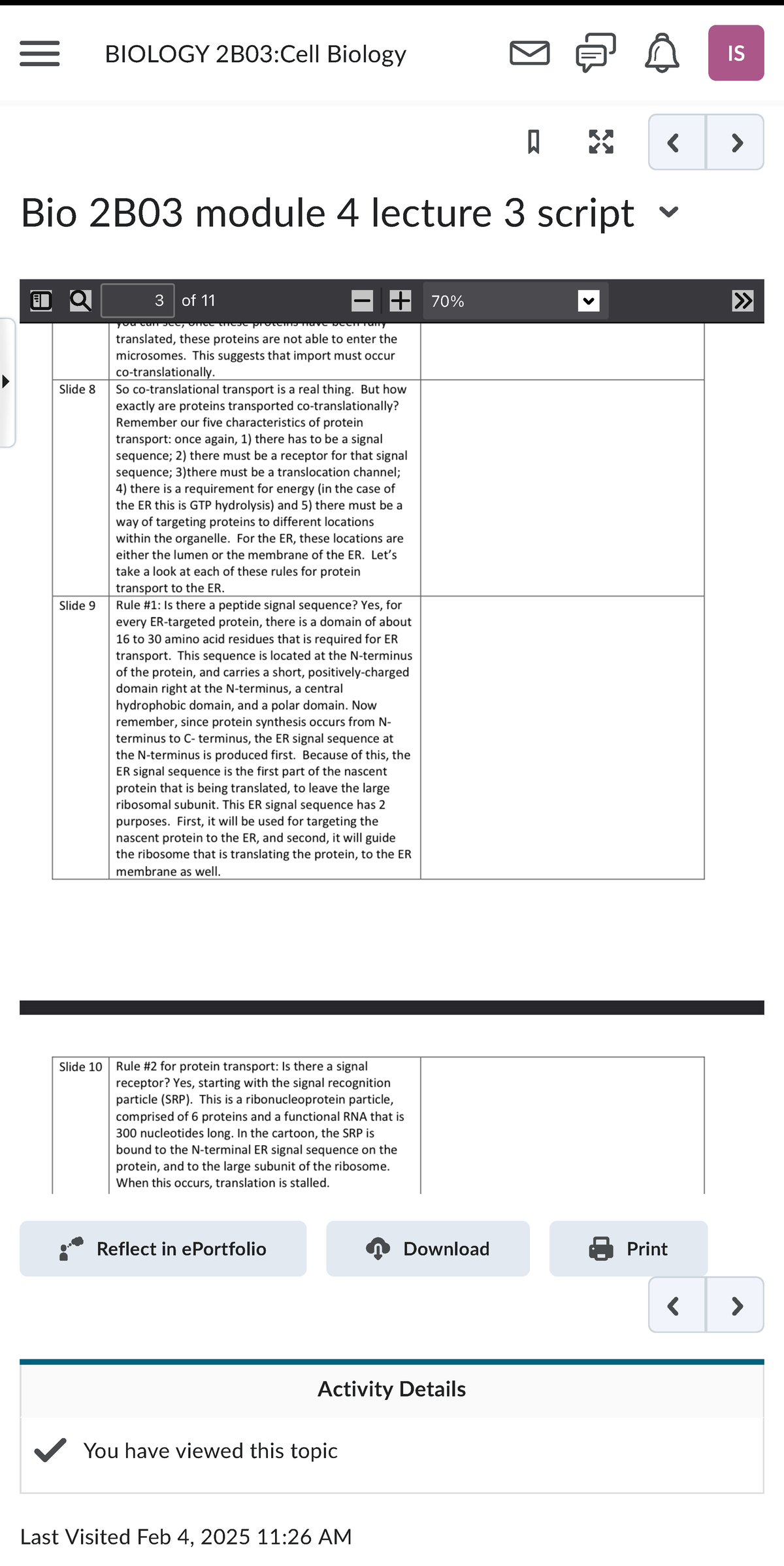 Bio 2B03 module 4 lecture 3 slides - Biology 2B03Cell Biology - Reflect ...