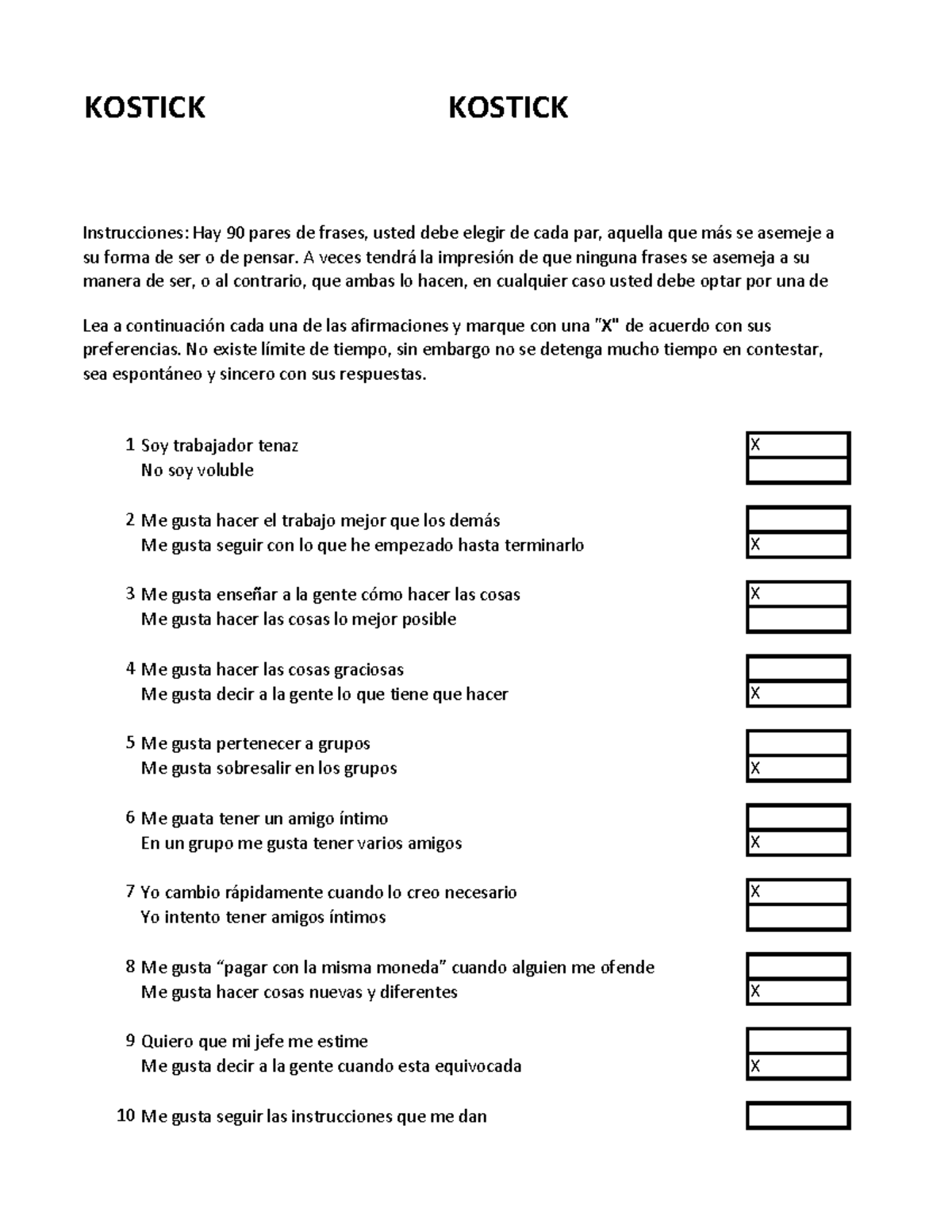 Respuestas del Test de Kostick: Análisis Completado - Studocu