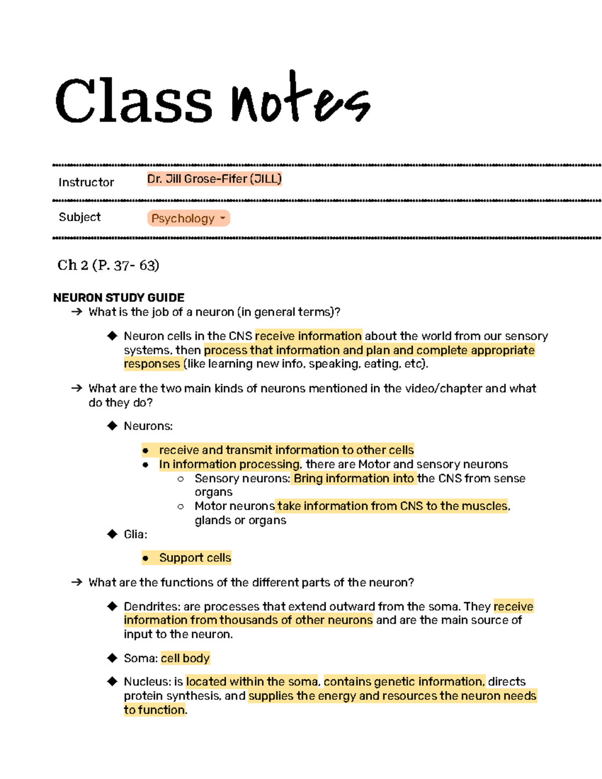 Brain & Behavior (JILL) Neuroanatomy & Neurophysiology Study Guide ...