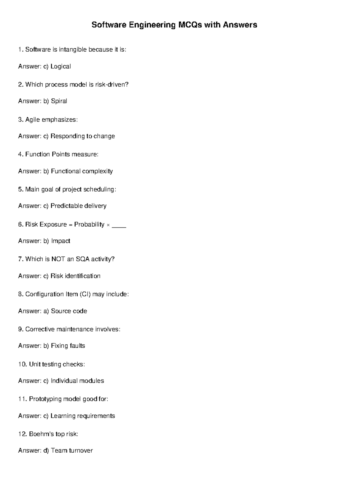 Software Engineering MCQs Set 1 with Answers - Studocu