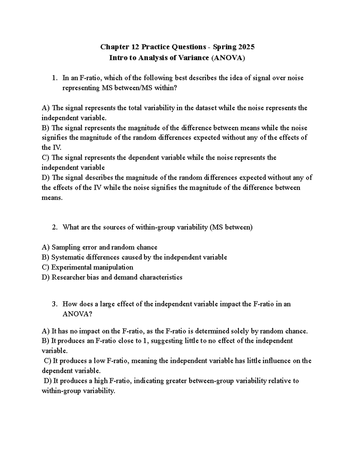 Chapter 12 Practice Questions - Spring 2025 - Chapter 12 Practice ...