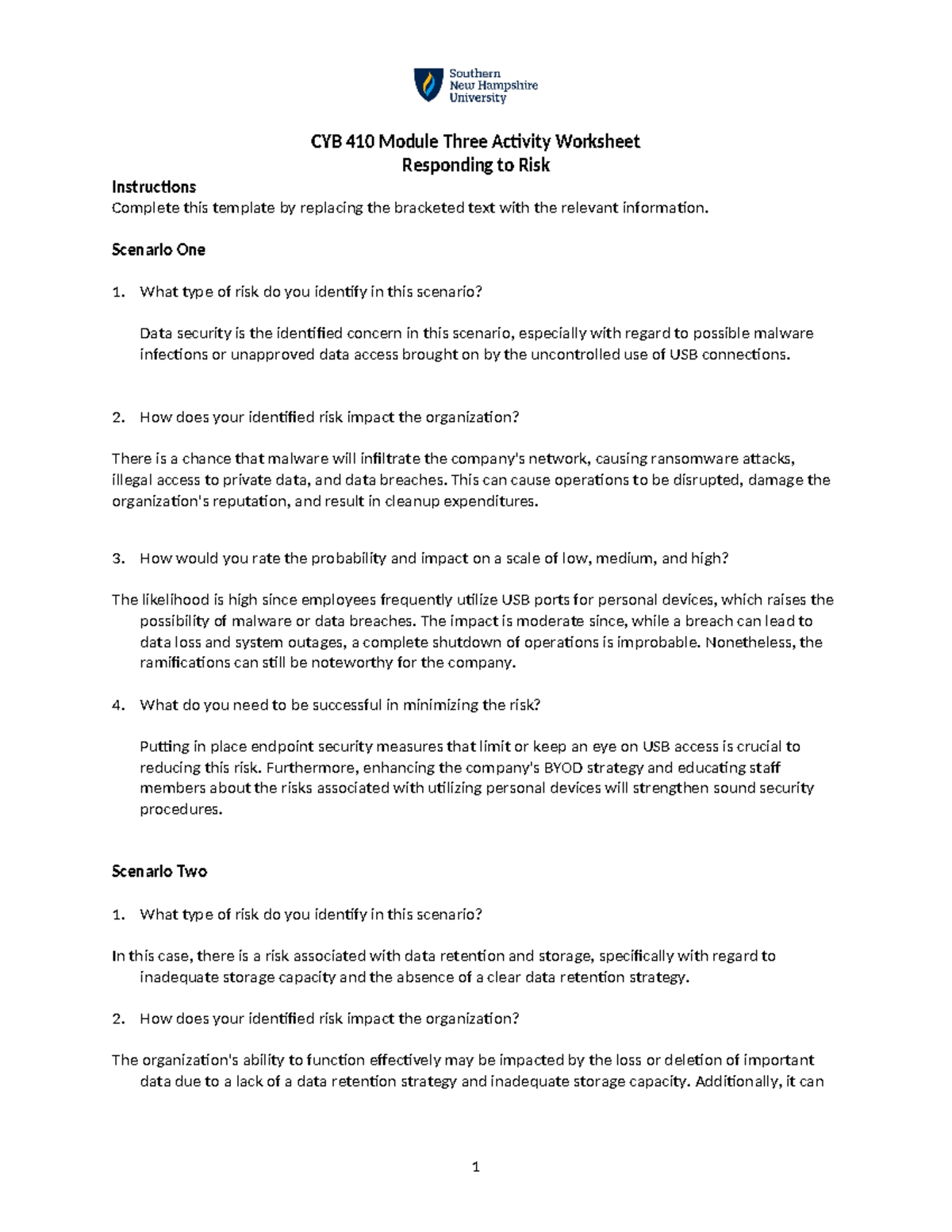 CYB 410 Module Three Risk Assessment Activity Worksheet - Studocu