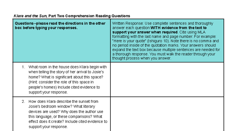 Part II Klara and the Sun Comprehension Questions Analysis - Studocu