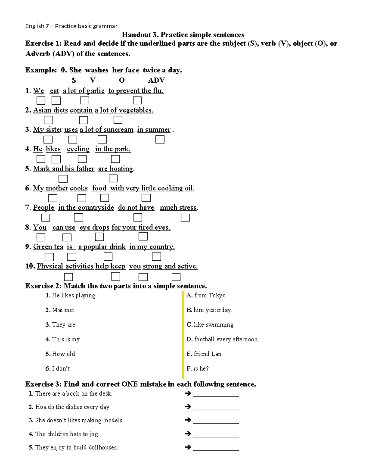 English 7 Handout 3: Basic Grammar Practice on Simple Sentences - Studocu