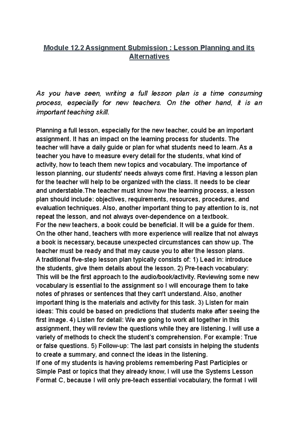 Module 12: Lesson Planning Strategies for New Teachers - Studocu