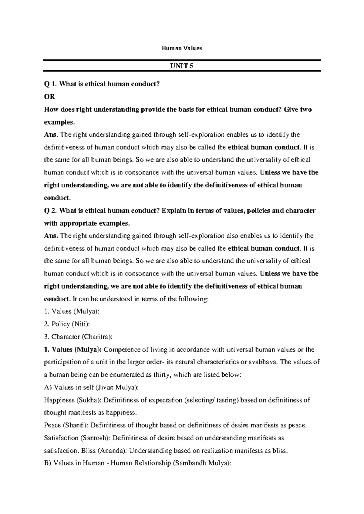 Human values notes - Human Values UNIT 5 Q 1. What is ethical human ...