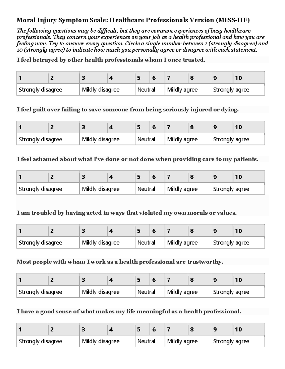 Moral Injury Symptom Scale: Healthcare Professionals Version - Studocu