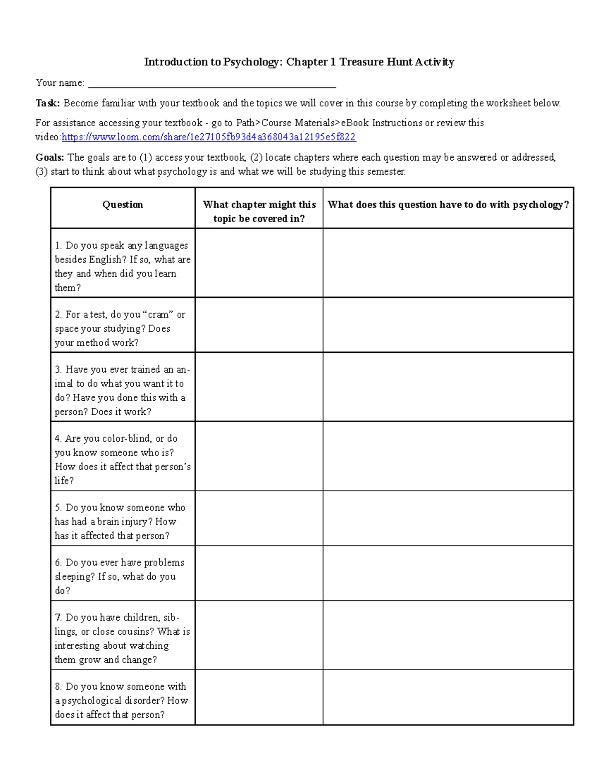 Treasure Hunt Intro Activity - Introduction to Psychology: Chapter 1 ...