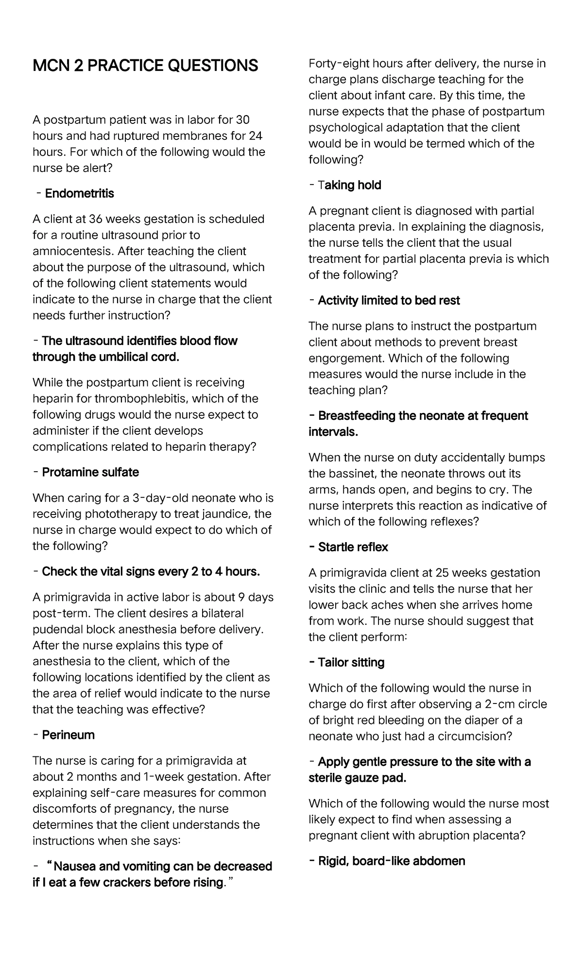 MCN 2 ( Practice Questions) - MCN P 2 PRACTICE QUESTIONS Molly, with suspected rheumatic fever ...