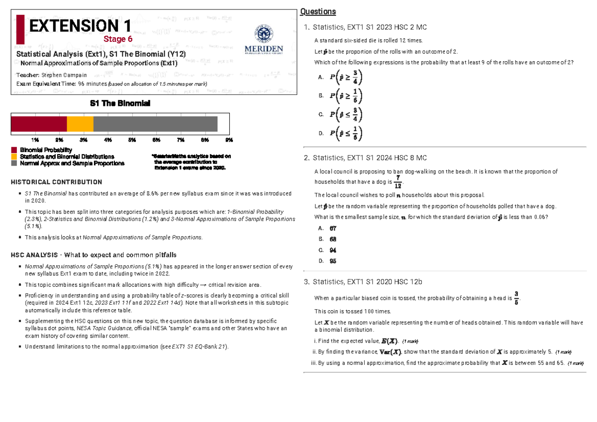 Normal Approximations of Sample Proportions - EXT1 S1 2023 HSC Analysis ...