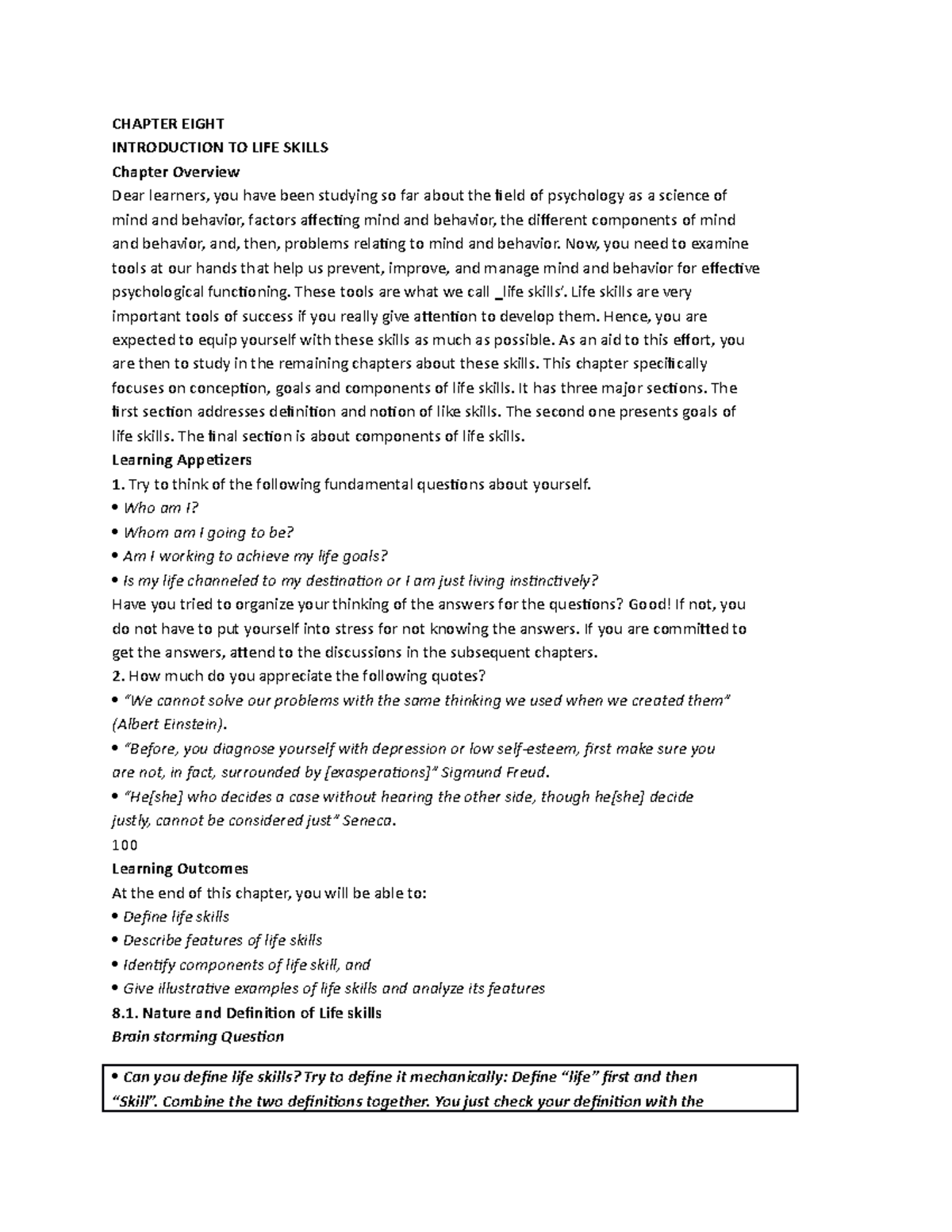 Chapter Eight Life Skill - CHAPTER EIGHT INTRODUCTION TO LIFE SKILLS ...