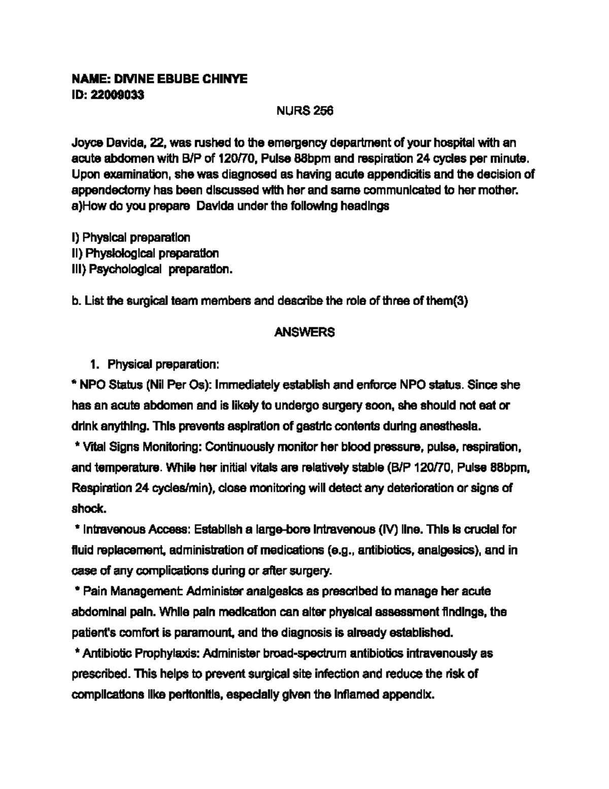NURS 256 Surgical Nursing Assignment: Preparing for Appendectomy - Studocu