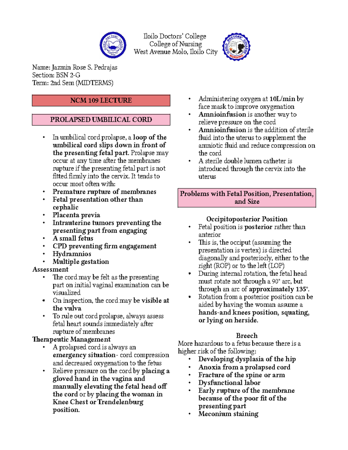 NCM-109-Lec-Midterms - College of Nursing West Avenue Molo, Iloilo City ...