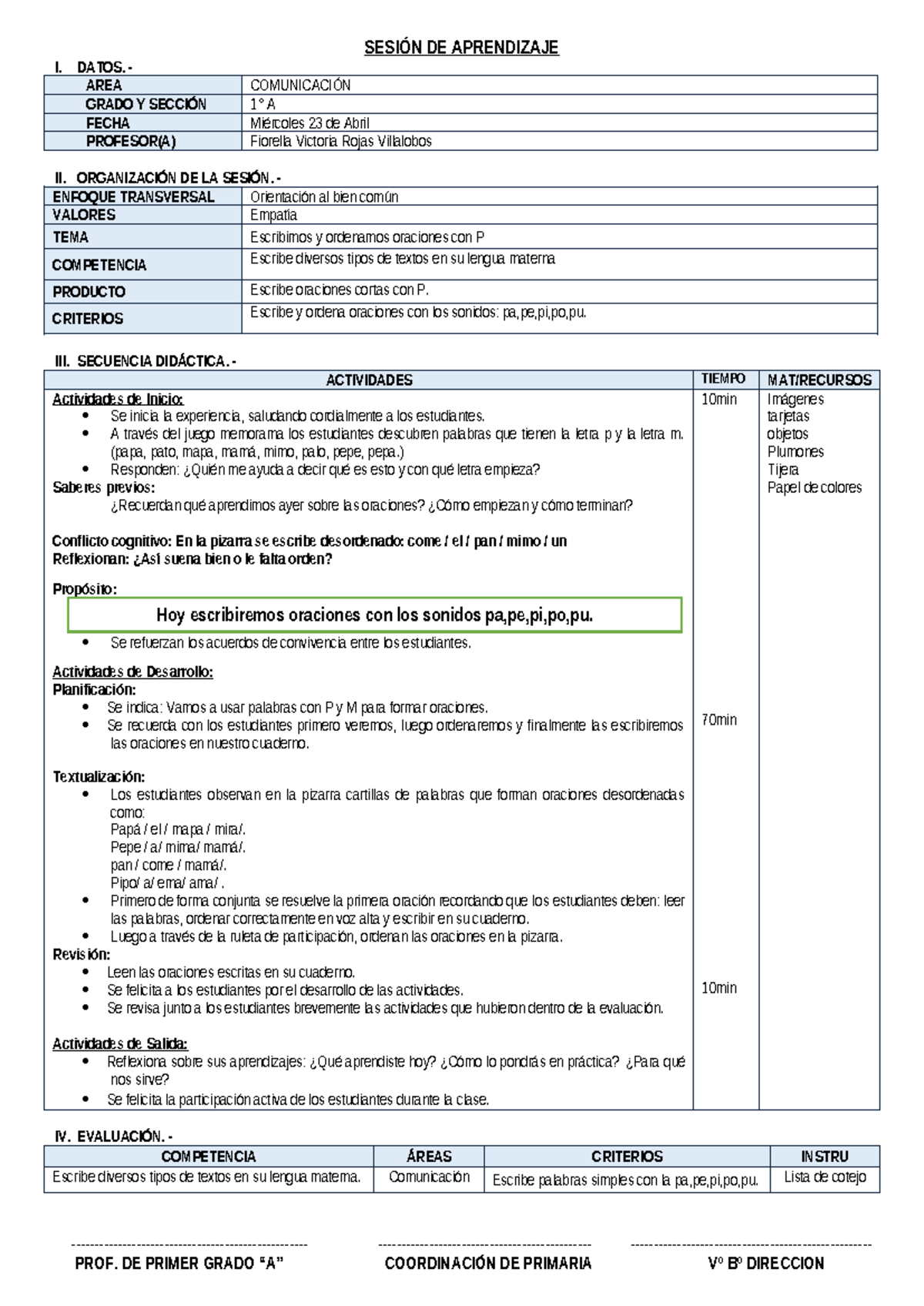 Sesión de Aprendizaje: Escribimos y Ordenamos Oraciones con P para 1° A ...
