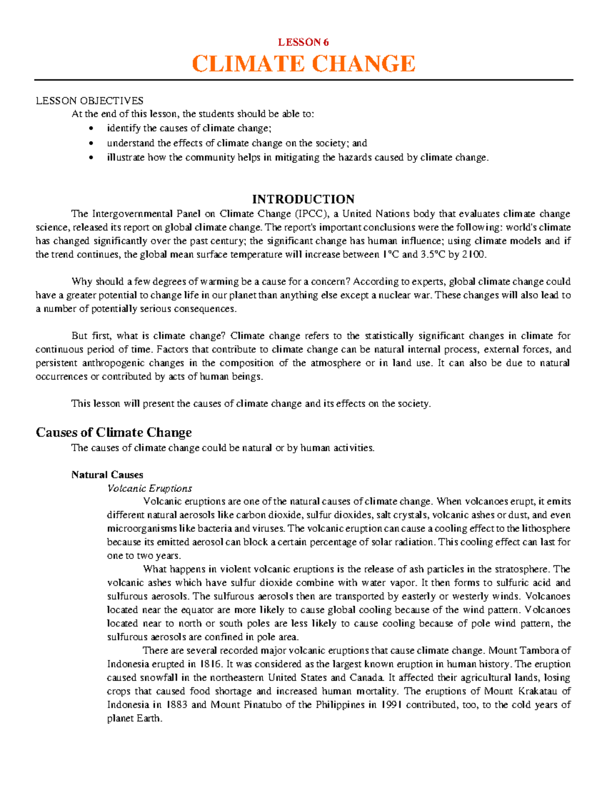 Lesson 6 Climate Change - LESSON 6 CLIMATE CHANGE LESSON OBJECTIVES At ...