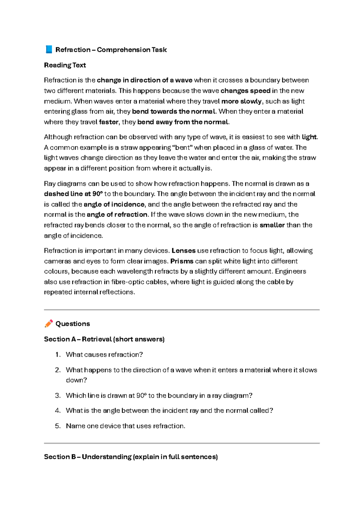 📘 Refraction Comprehension Task: Understanding Wave Behavior - Studocu