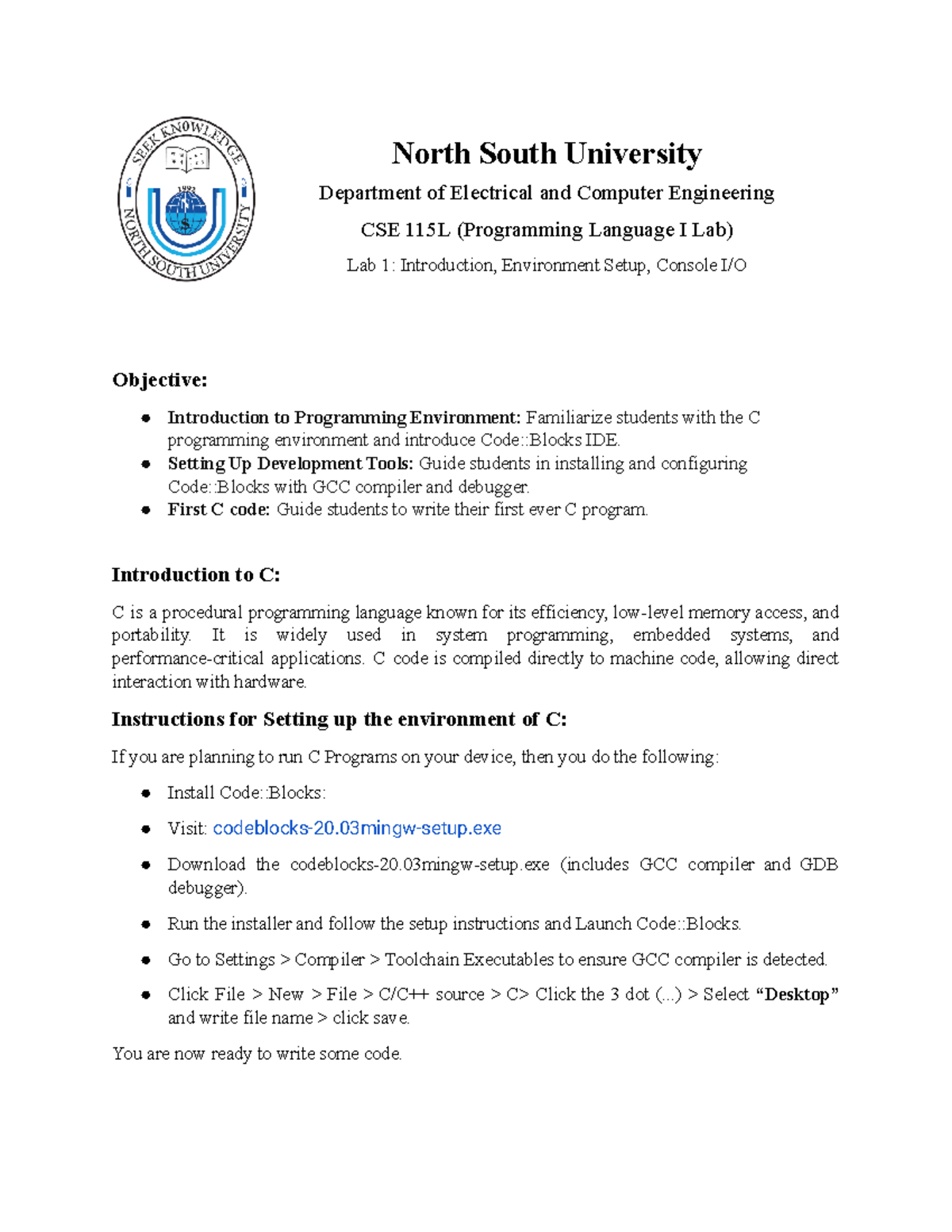 CSE 115L Lab 1: Intro to C Programming & Environment Setup - Studocu