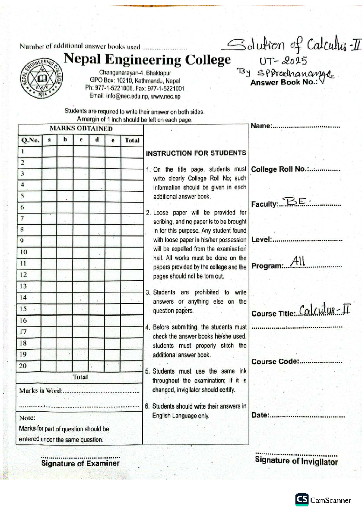 Solution of Calculus II (CS 2025) Exam Guidelines and Instructions ...