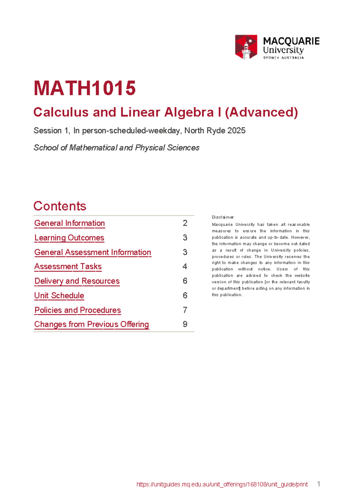 MATH1015 Unit Guide: Calculus & Linear Algebra I (Advanced) 2025 - Studocu