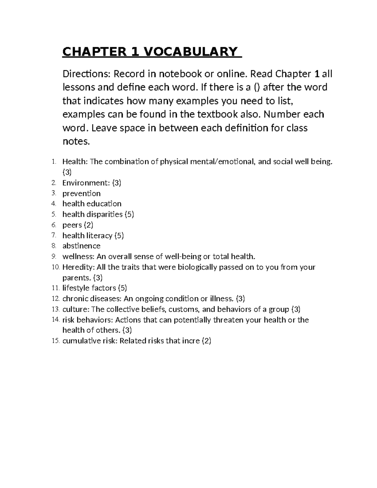 Chapter 1 Vocabulary Notes - Health Education (Course Code: HED101 ...