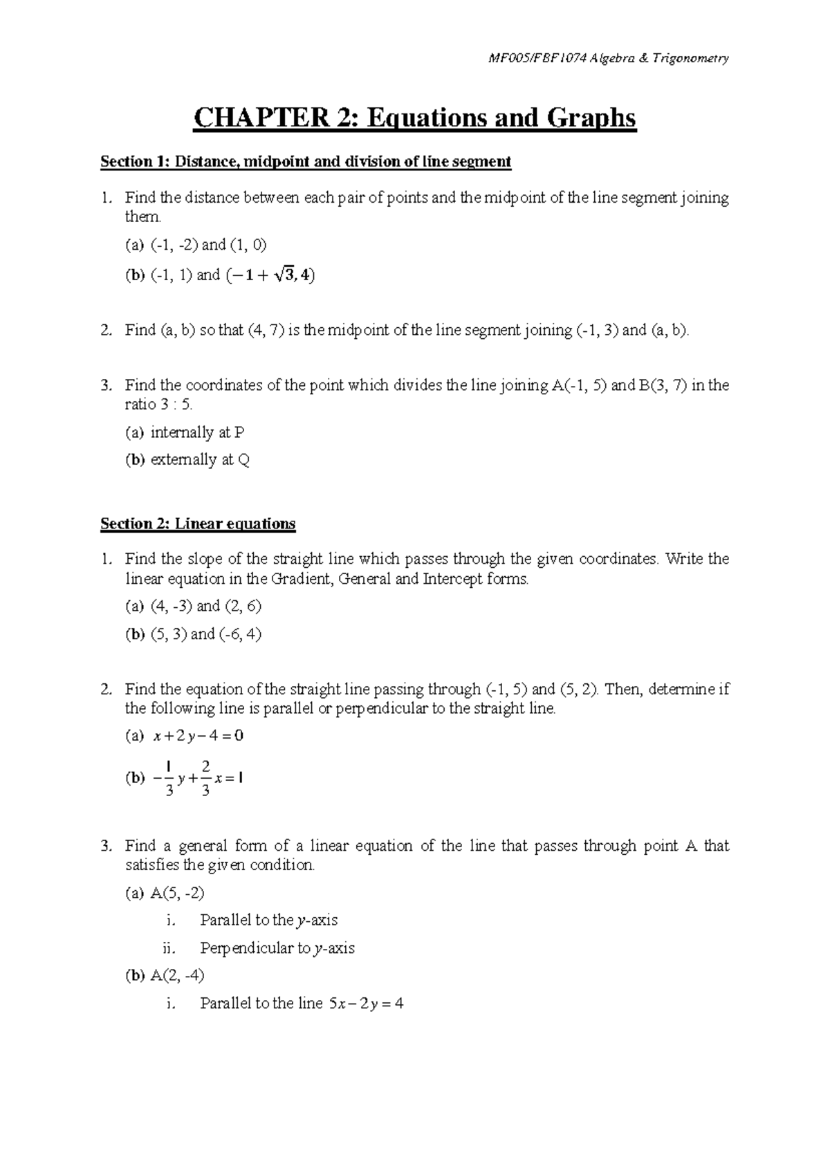 Algebra Trigonometry CHAPTER 2: Equations & Graphs Tutorial - Studocu