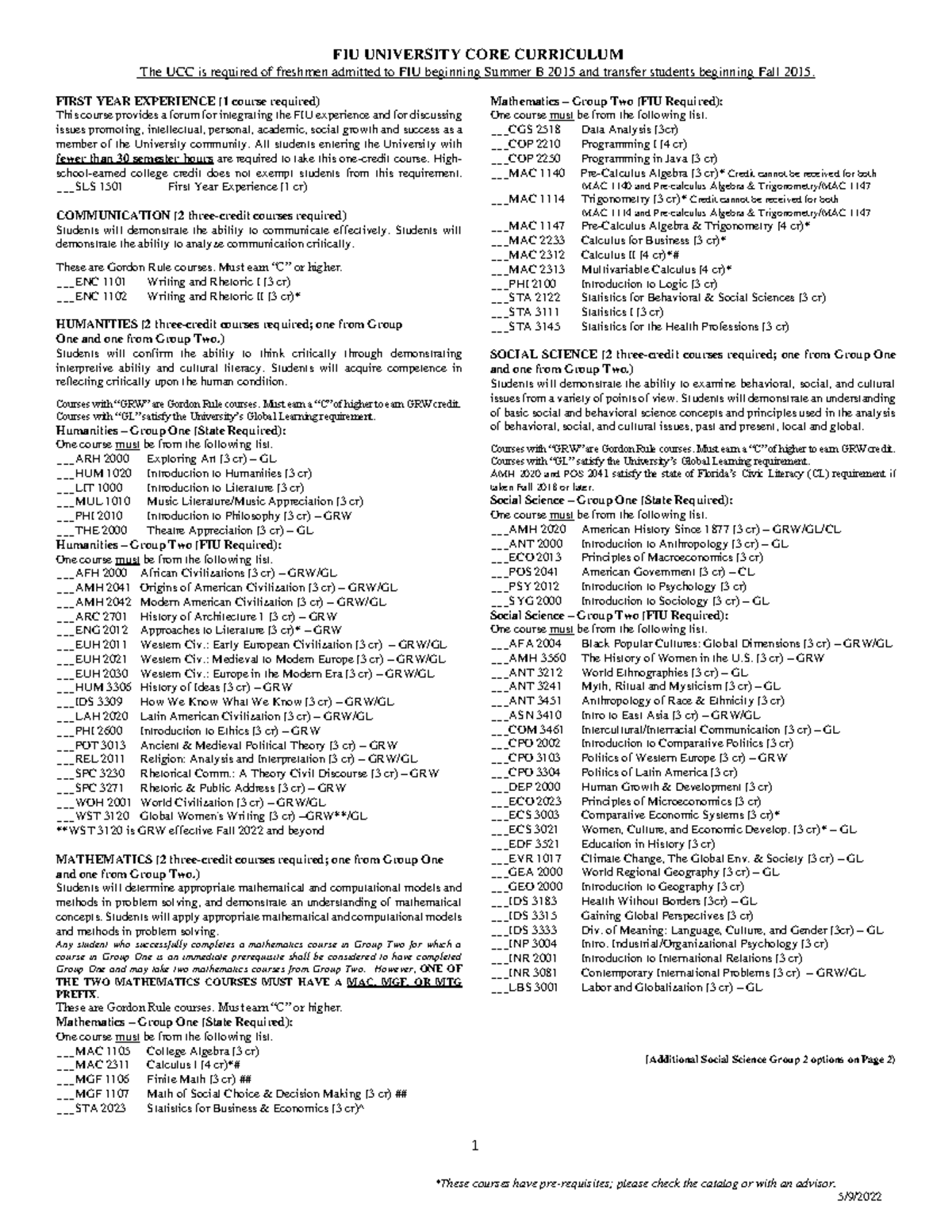FIU DE Courses - 1 *These courses have pre-requisites; please check the ...